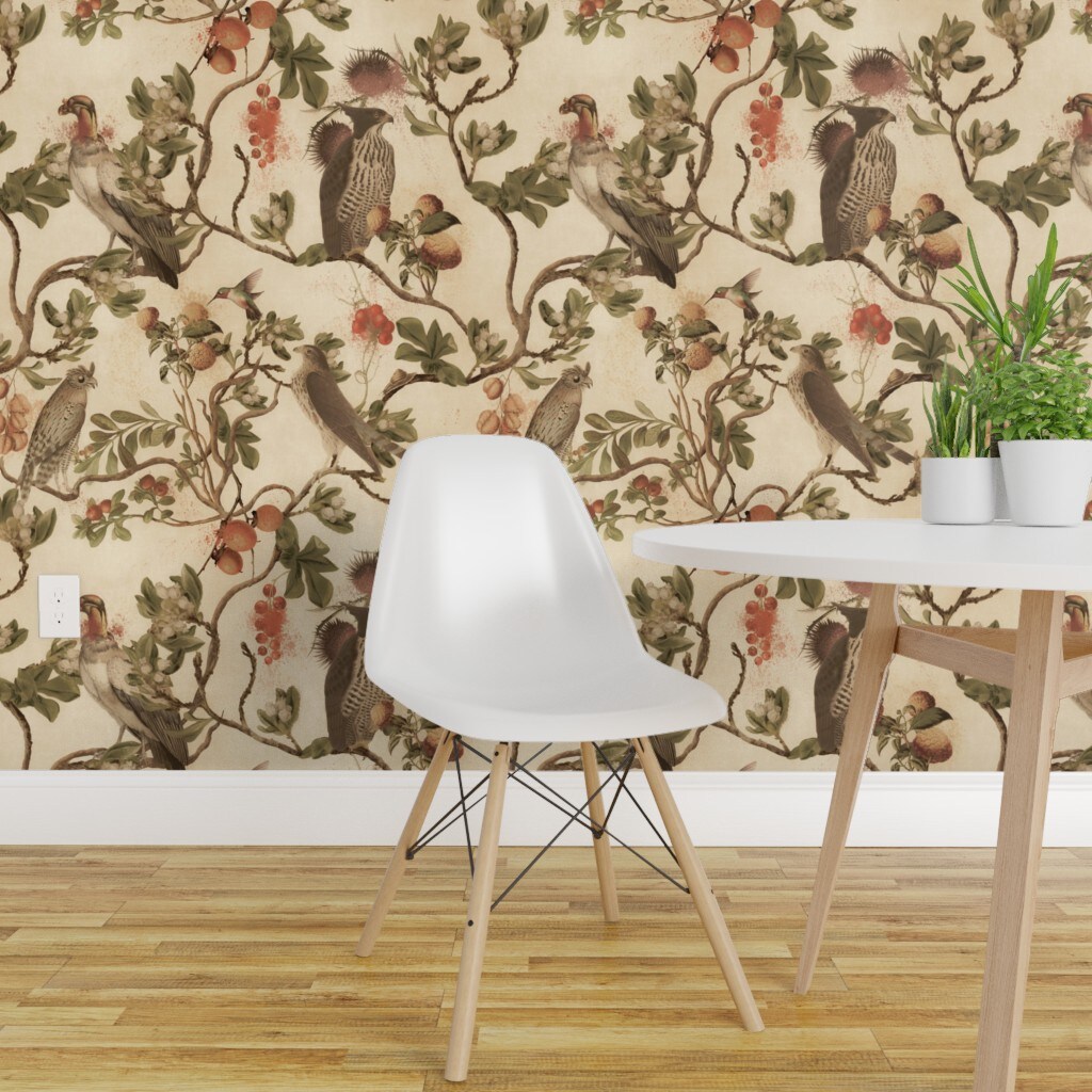 Pre-Pasted Wallpaper 2FT Wide Vintage Birds Watercolor Chinoiserie ...