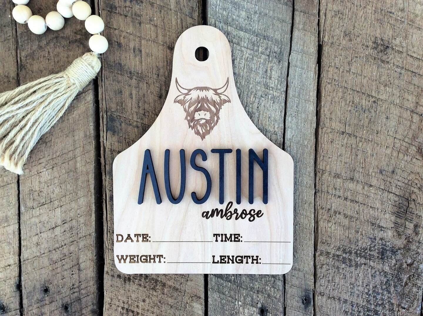Cow Tag Birth Stats Sign, Personalized Baby Name Announcement, Highland ...
