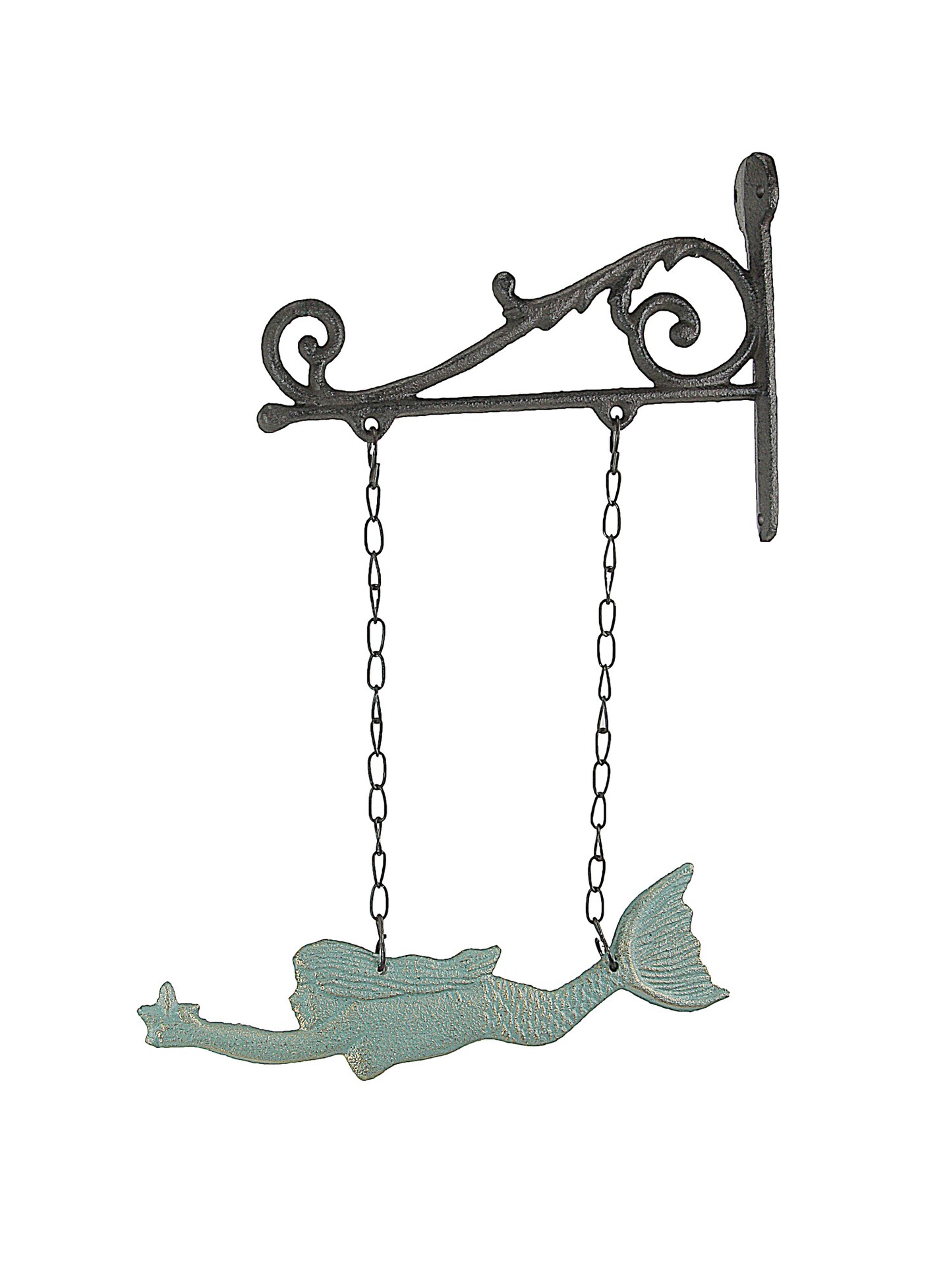 Cast Iron Swimming Mermaid Hanging Sculpture With Rustic Scroll Bracket ...