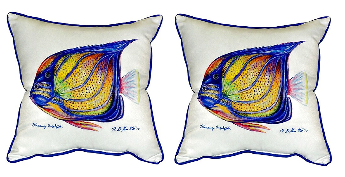 Pair of Betsy Drake Blue Ring Angelfish Small Pillows 12 Inch X 12 Inch ...