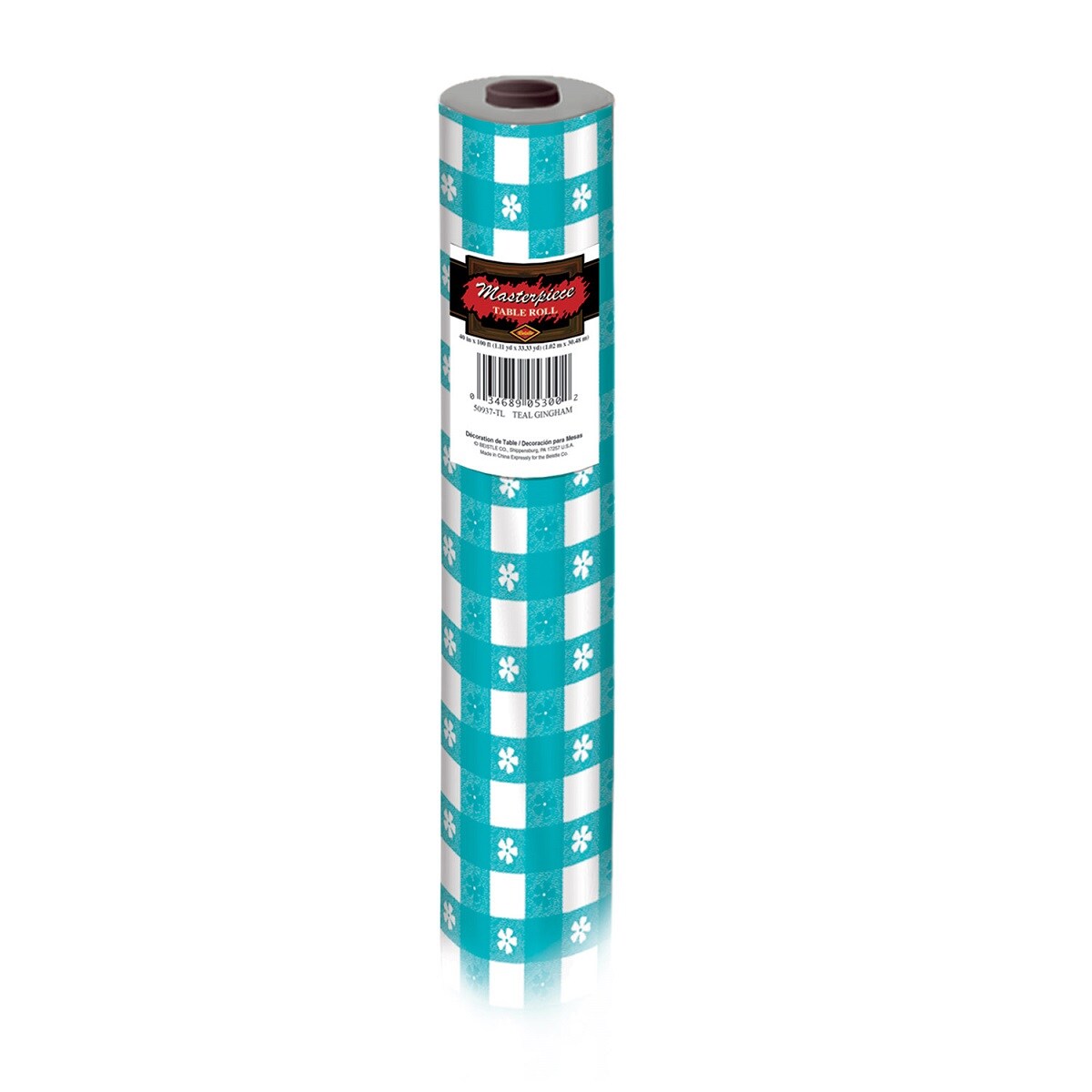 Party Central 100' Teal Blue and White Floral Gingham Disposable ...