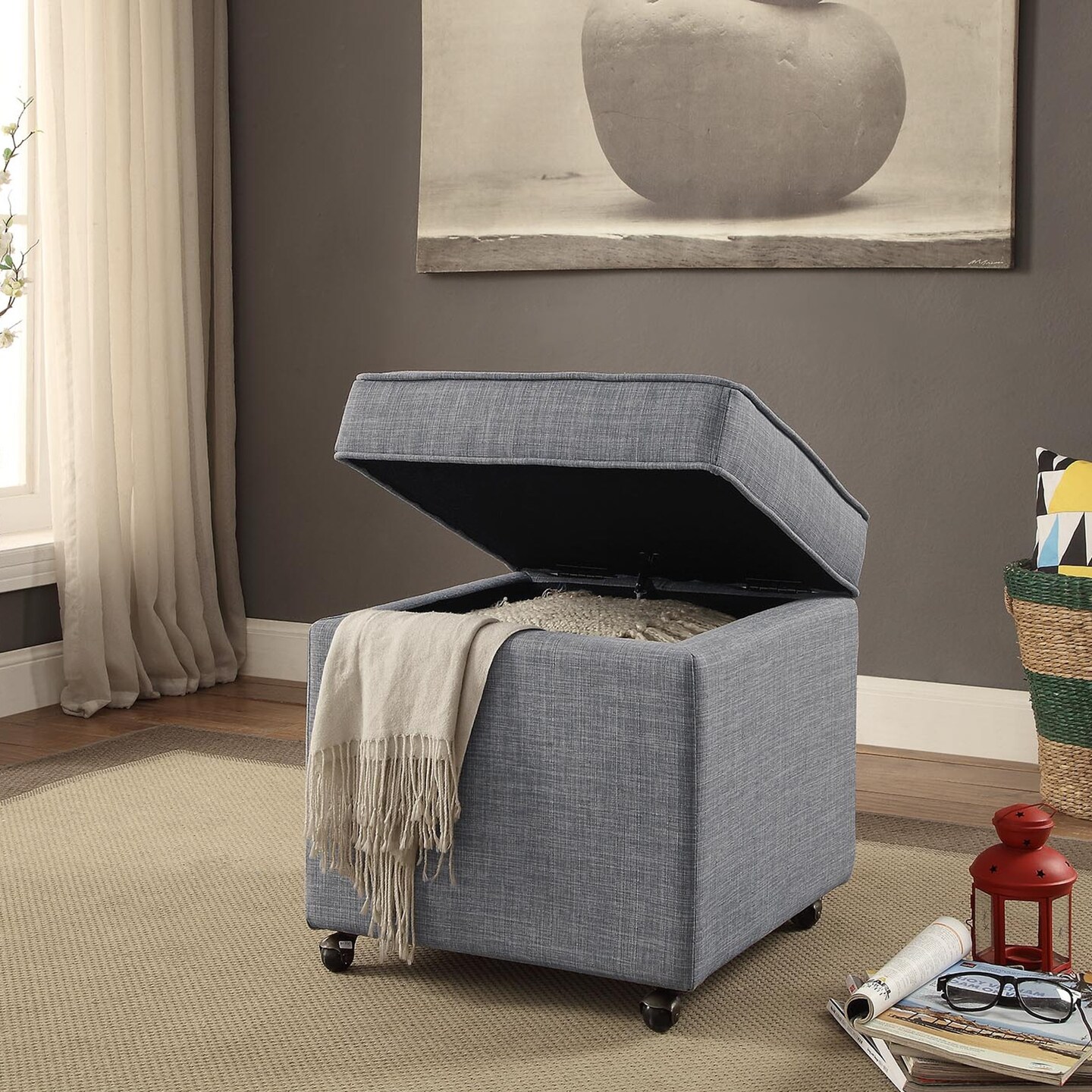 Laurie Linen Upholstered Rolling Cube Storage Ottoman | Michaels