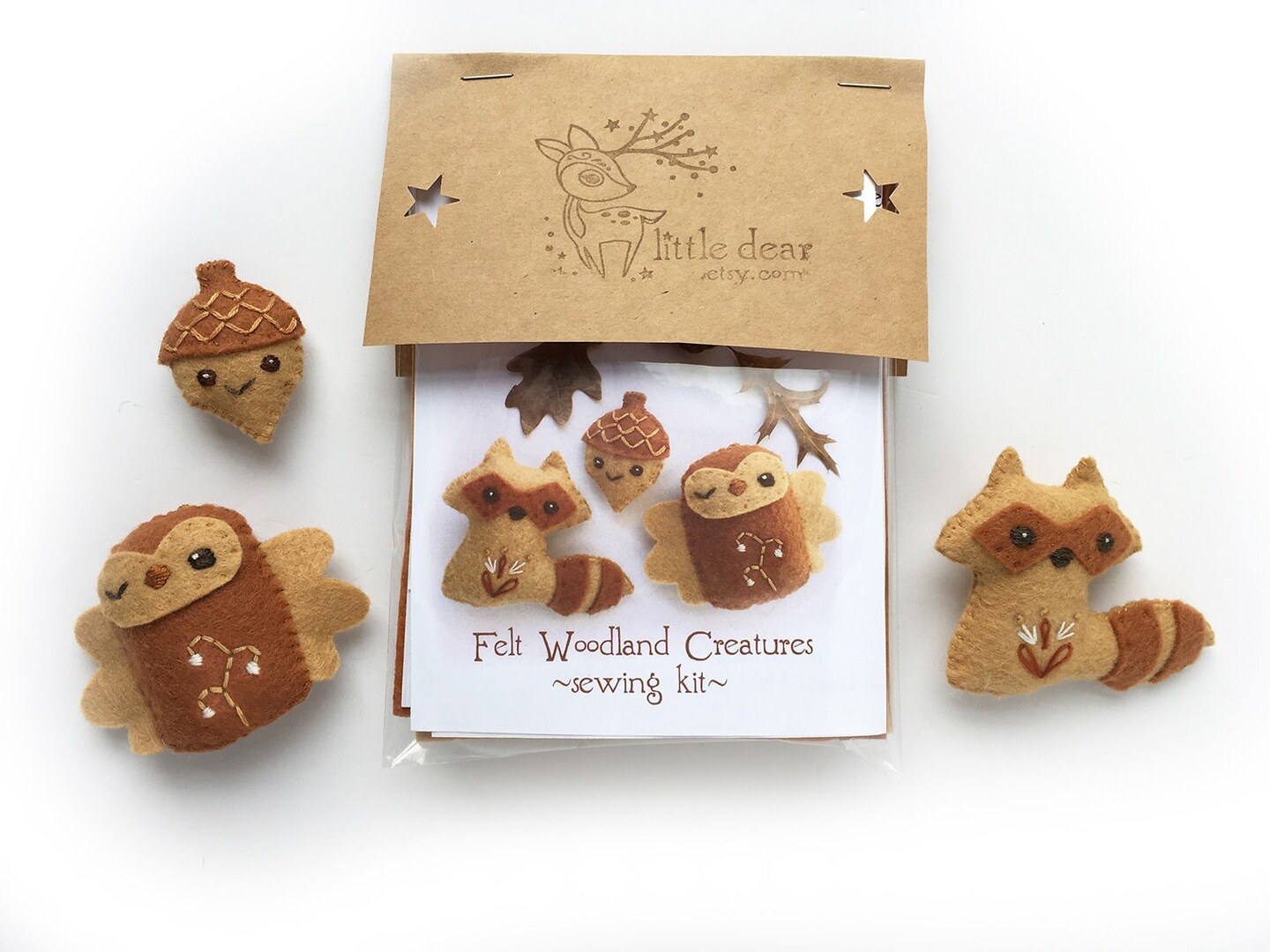 Mini Felt Woodland Animals Sewing Kit, Raccoon, Owl, Acorn Mini Felt Woodland Animals Sewing Kit, Raccoon, Owl, Acorn