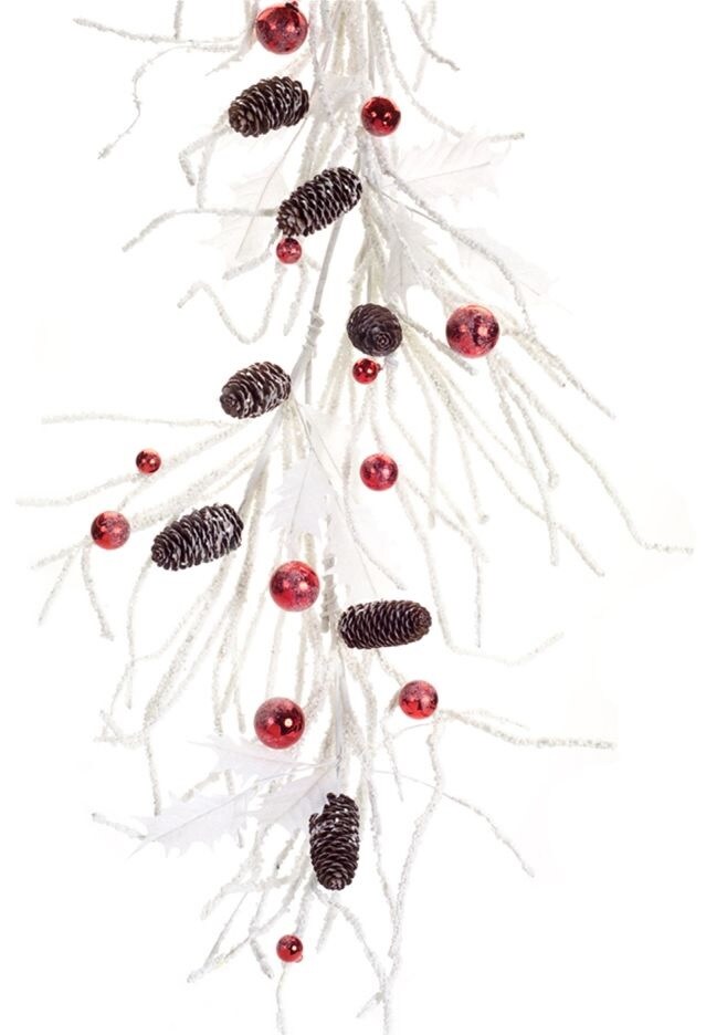 Melrose Set of 2 White Snowy Ornament Garland with Pine Cones and Red ...