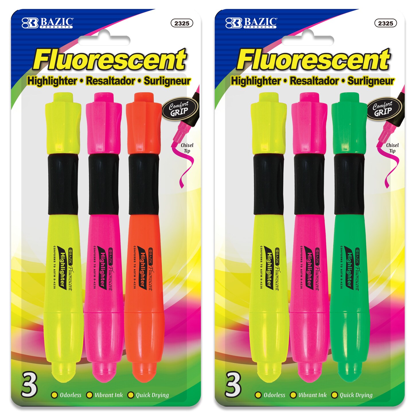 BAZIC Desk Style Fluorescent Highlighters w/ Cushion Grip (3/Pack ...