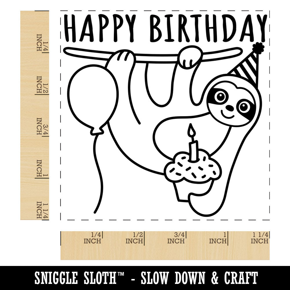 Happy Birthday Sloth with Cupcake Square Rubber Stamp for Stamping ...