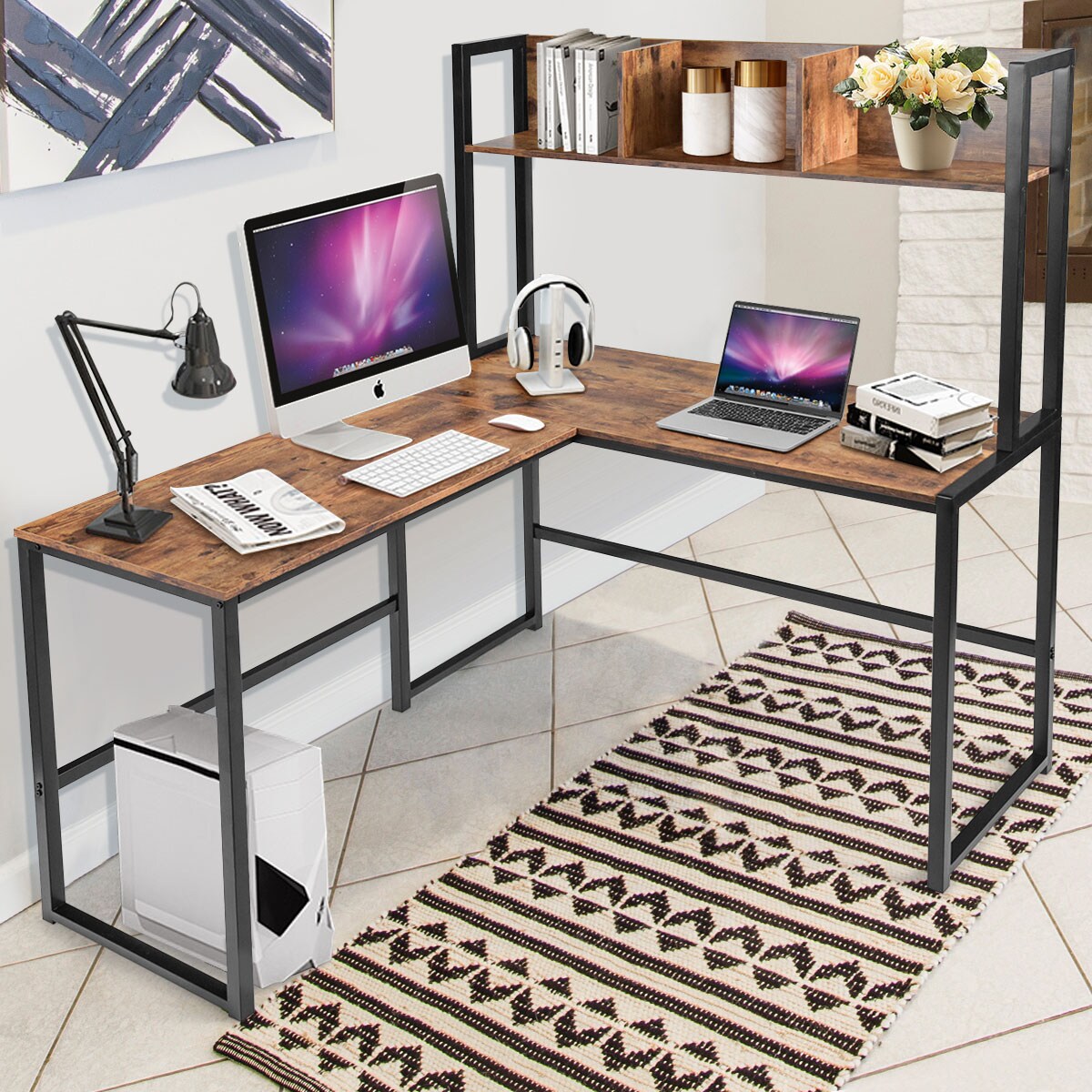 Costway Industrial L-Shaped Desk w/Hutch Bookshelf 55'' Corner Computer ...