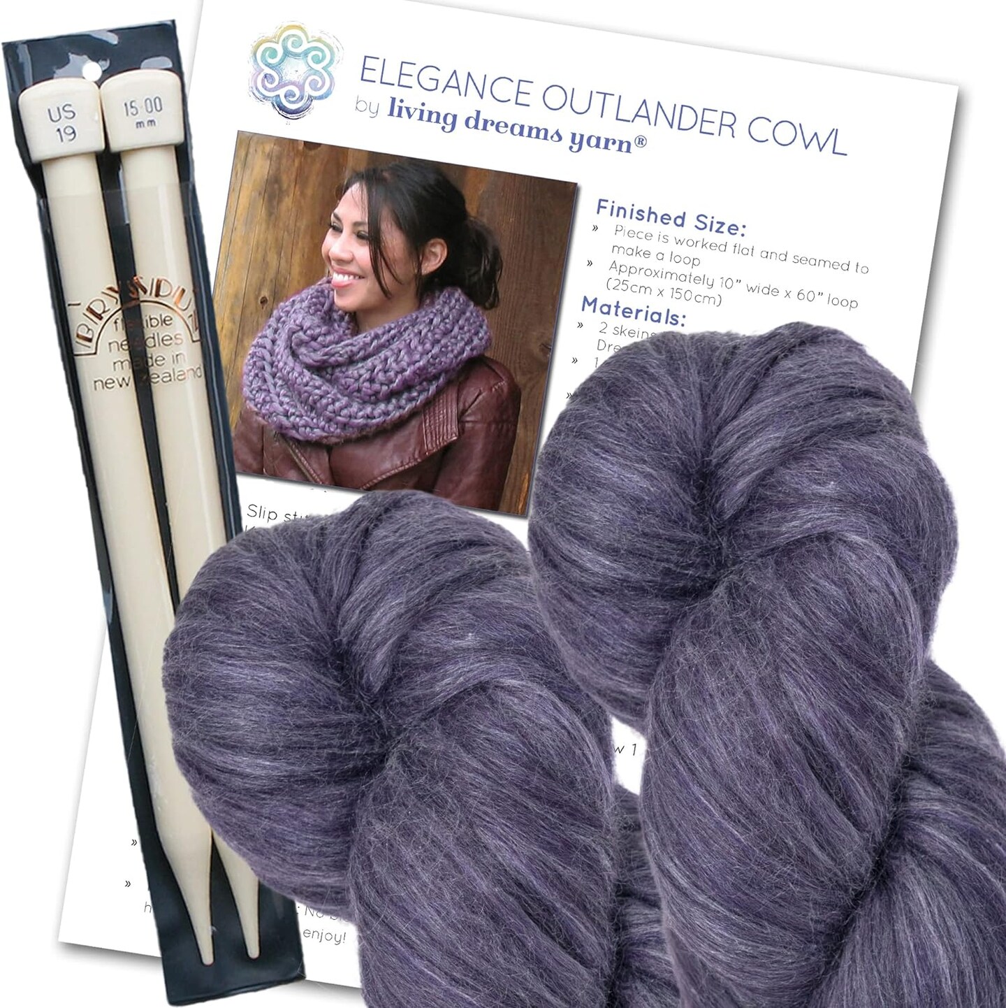 COWL KNITTING KIT: Super Soft Merino Silk Yarn + Large #19 needles ...