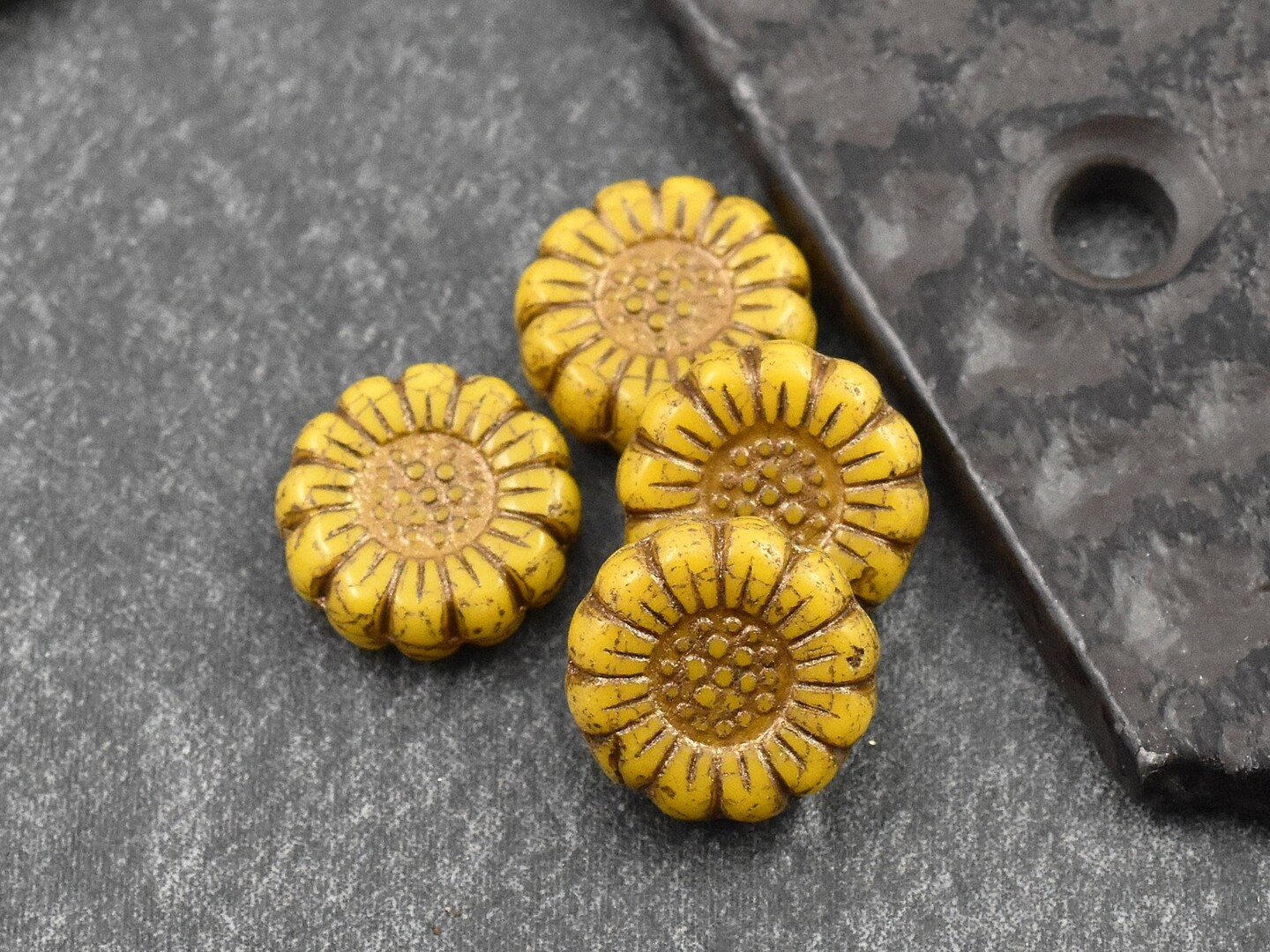 *12* 13mm Dark Bronze Washed Opaque Yellow Sunflower Coin Beads | Michaels