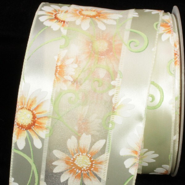 The Ribbon People White and Green Embossed Flowers Wired Craft Ribbon 4 ...