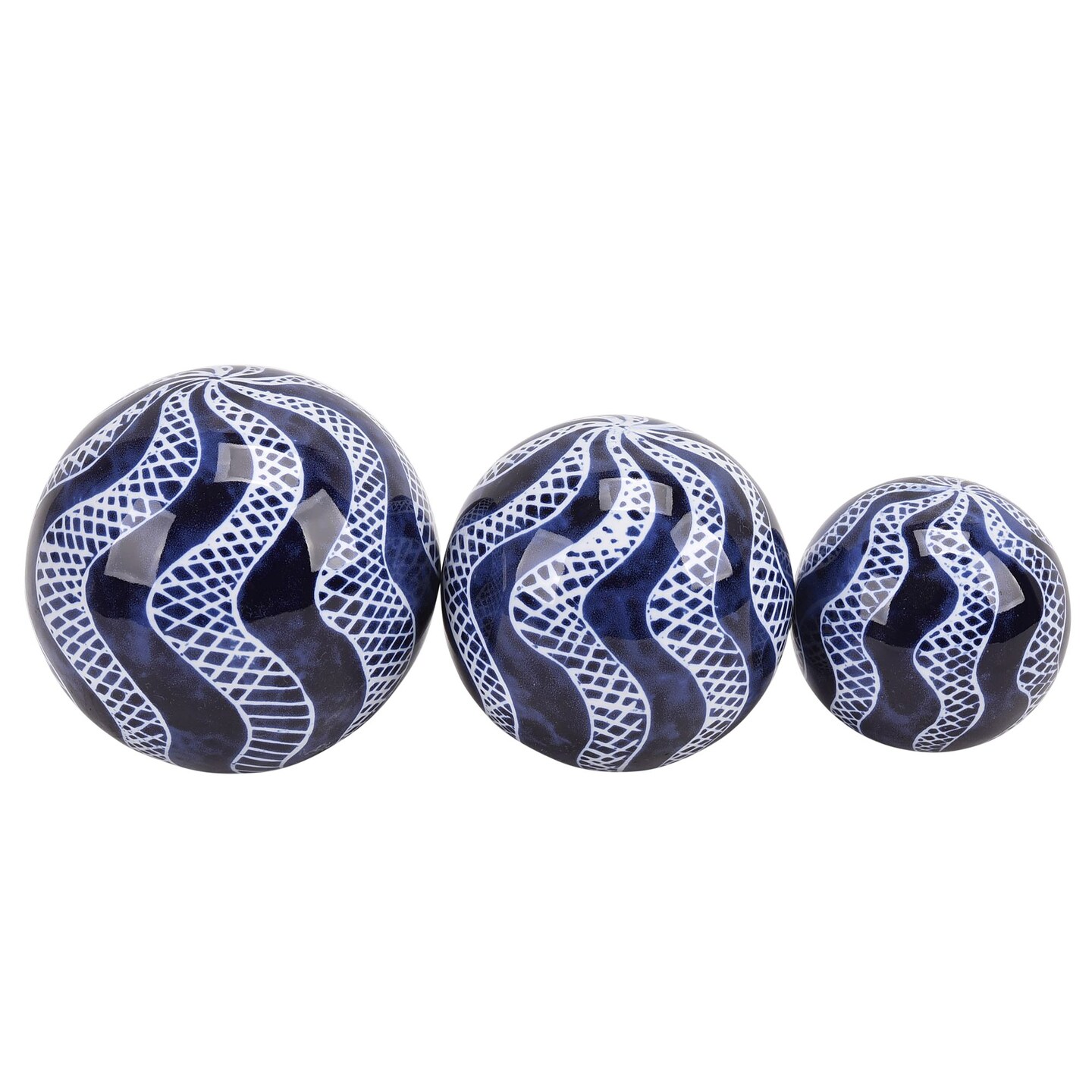 Kingston Living Set of 3 Blue and White Swirly Ceramic Spherical Orbs ...