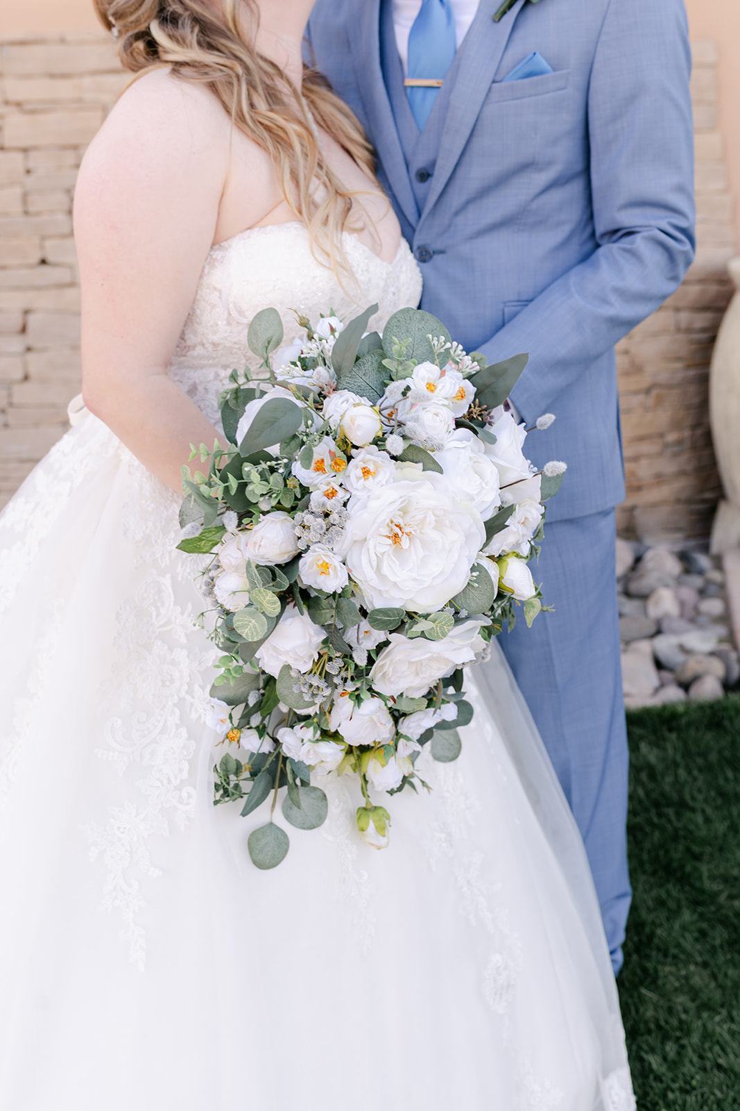 Cascade Bridal Bouquet Boho Style featuring White Sophia Roses with ...