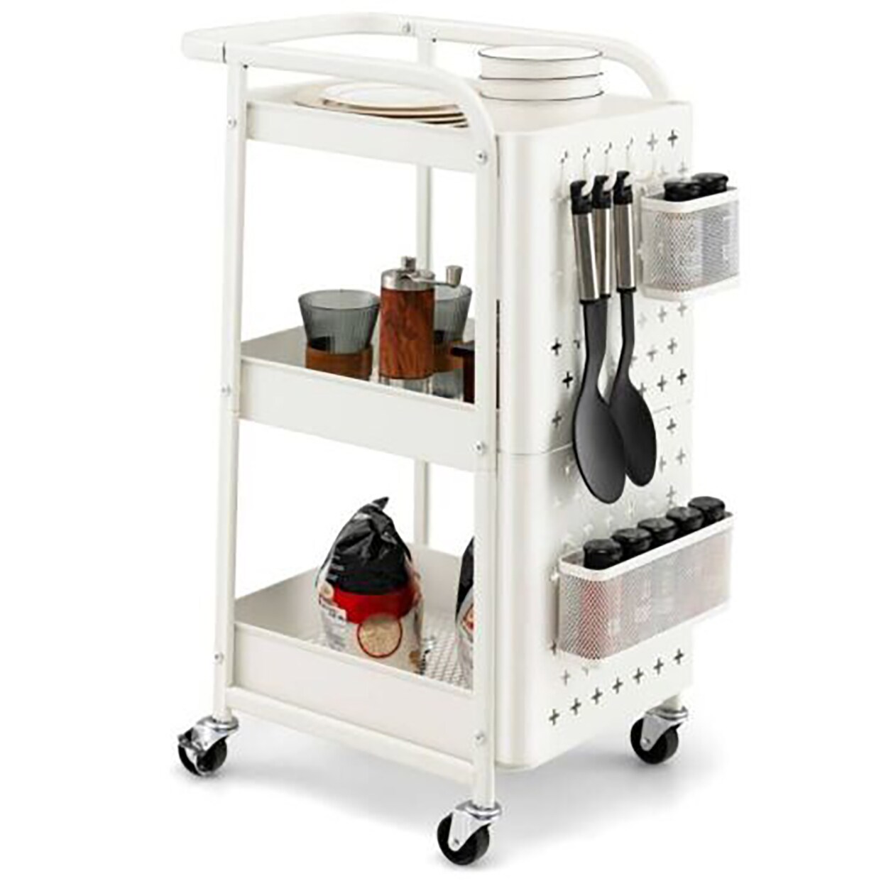 3-Tier Utility Storage Cart Metal Rolling Trolley W/ Diy Pegboard ...