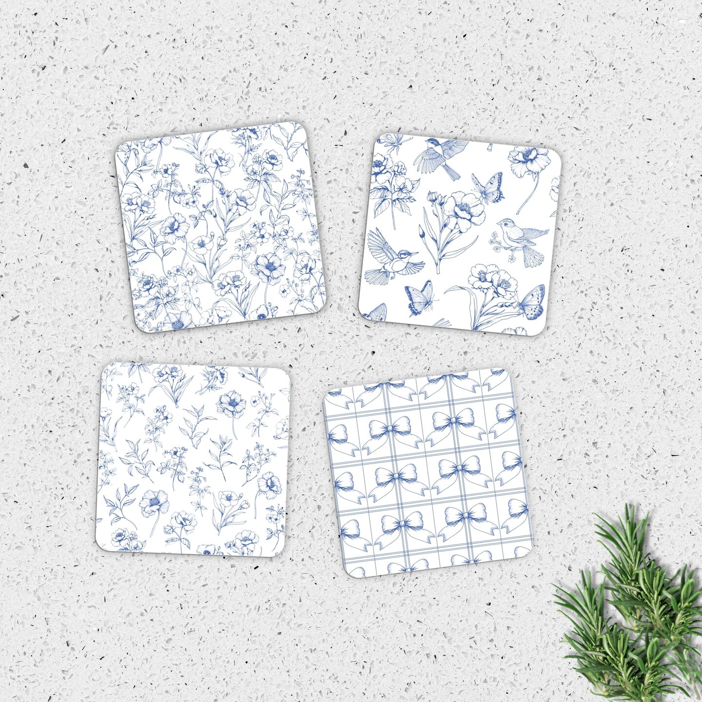 Chinoiserie Blue and White Coaster Set of 4 or 6, Blue Floral Kitchen ...