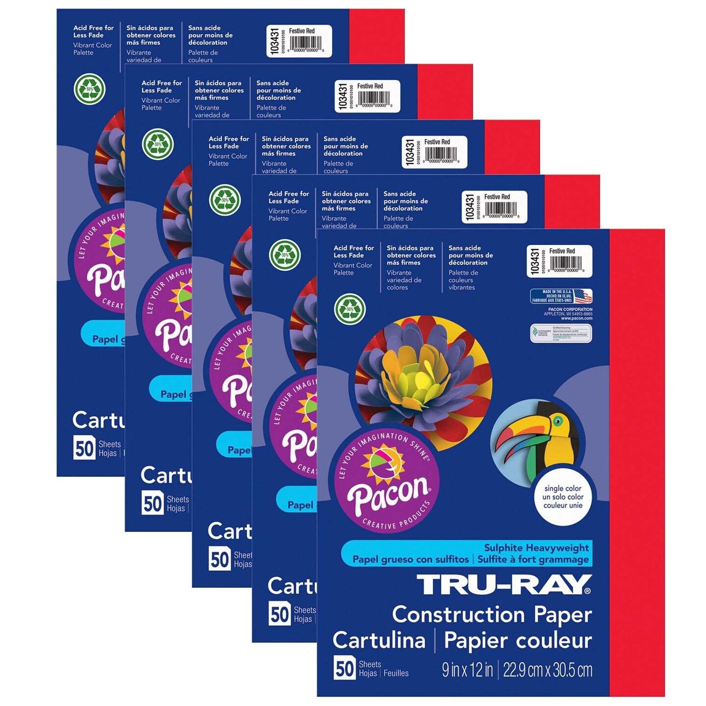 Construction Paper, Festive Red, 9" x 12", 50 Sheets Per Pack, 5 Packs ...