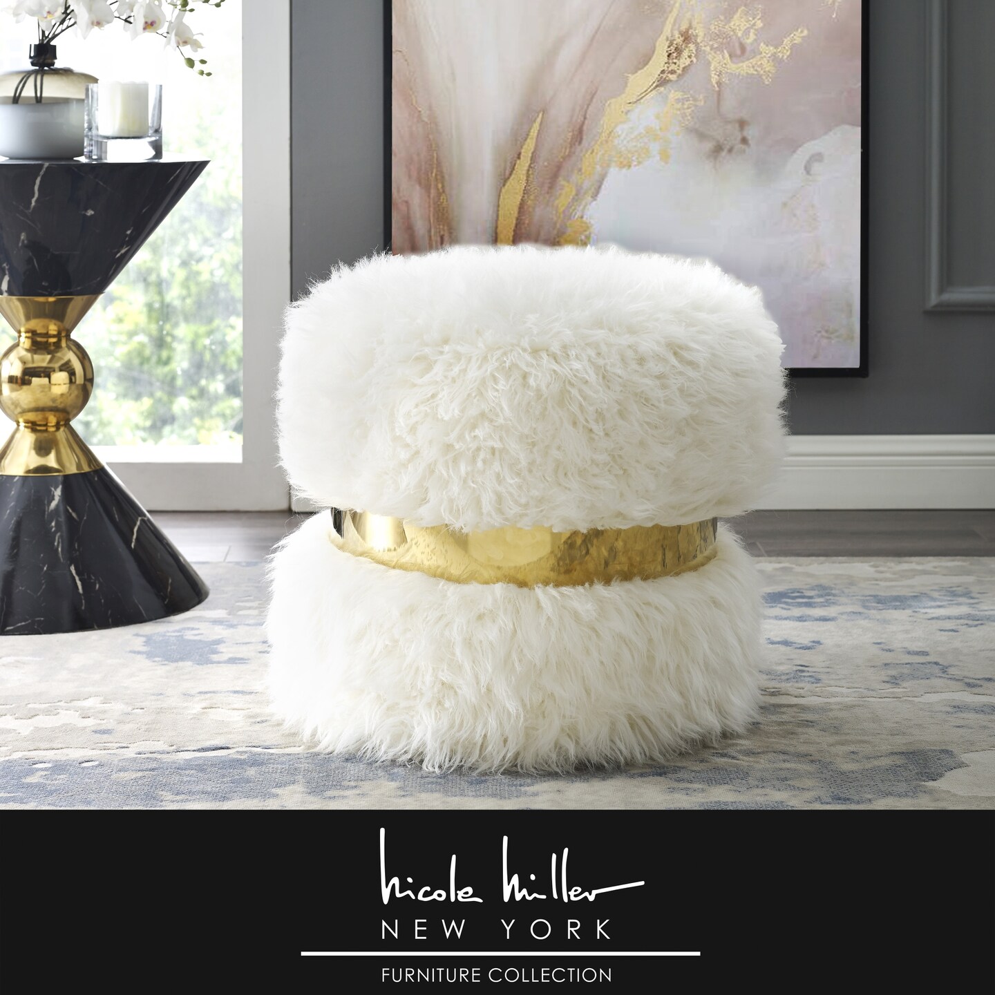 Hassan Faux Fur Ottoman, Color: Cream White/Gold | Michaels