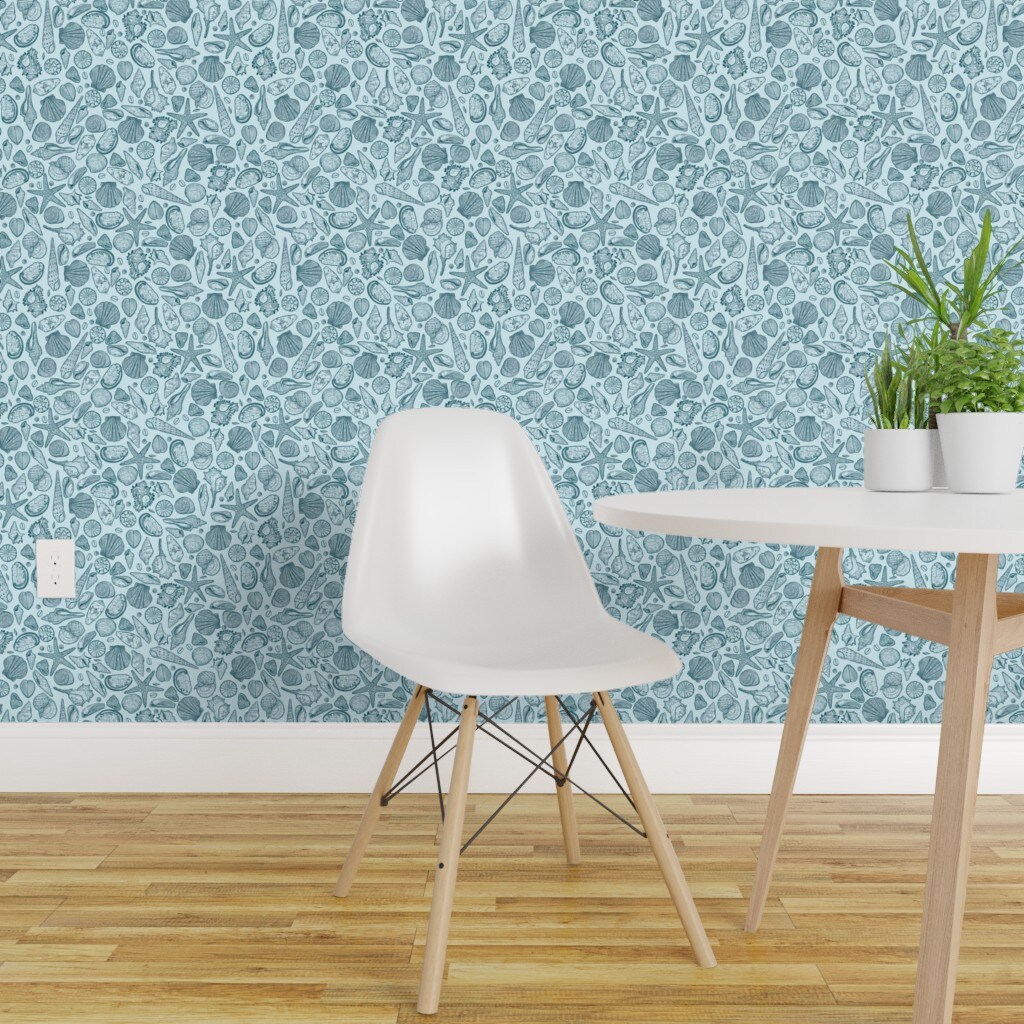 Pre-Pasted Wallpaper 2FT Wide Blue Seashells Monochromatic Medium Scale ...