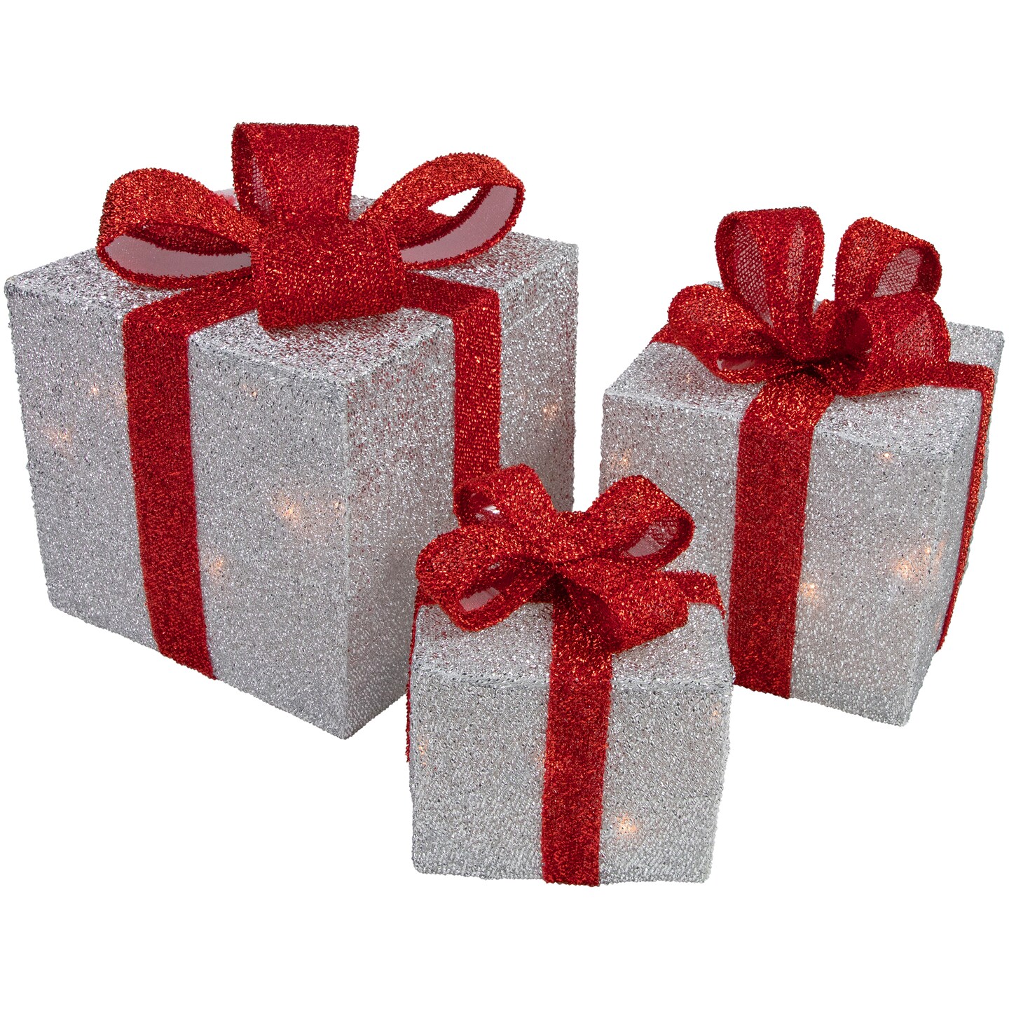 Northlight Set of 3 Silver Tinsel Lighted Gift Boxes with Red Bows ...