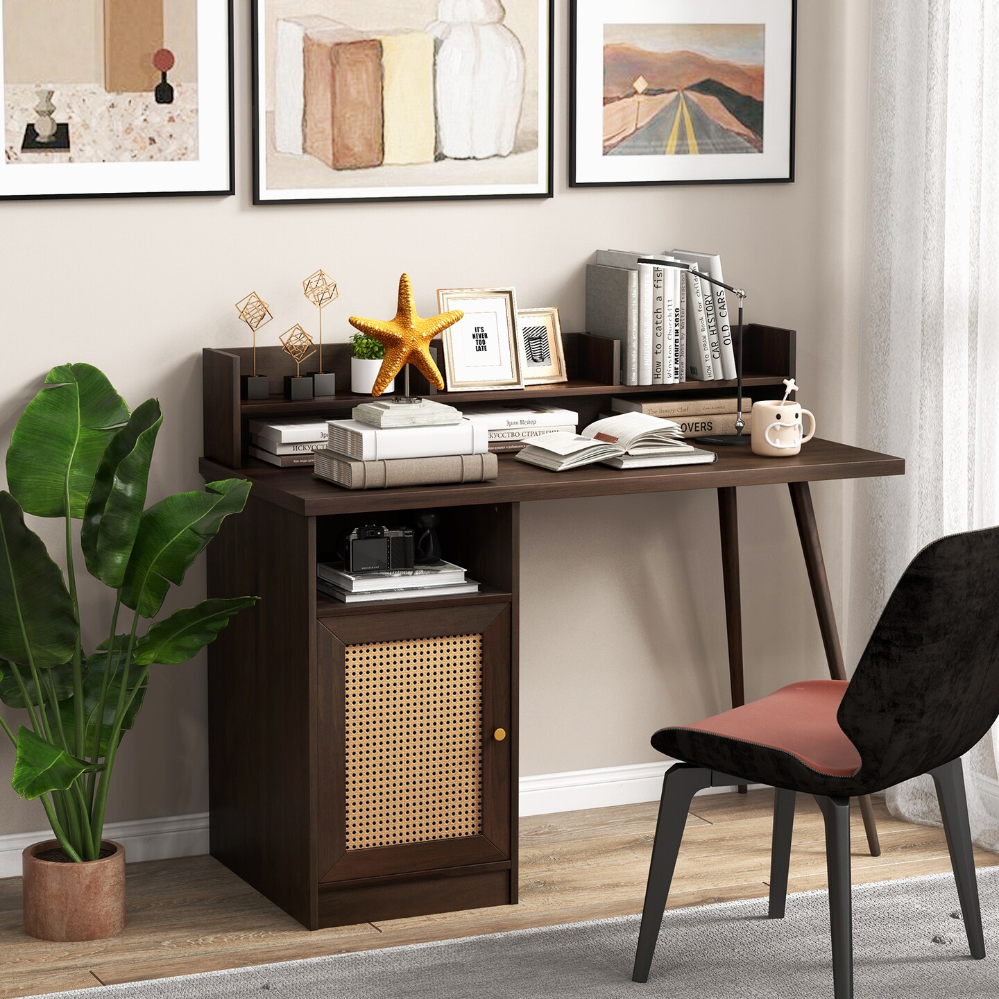48 Inch Computer Desk With Hutch And Pe Rattan Cabinet Shelves | Michaels