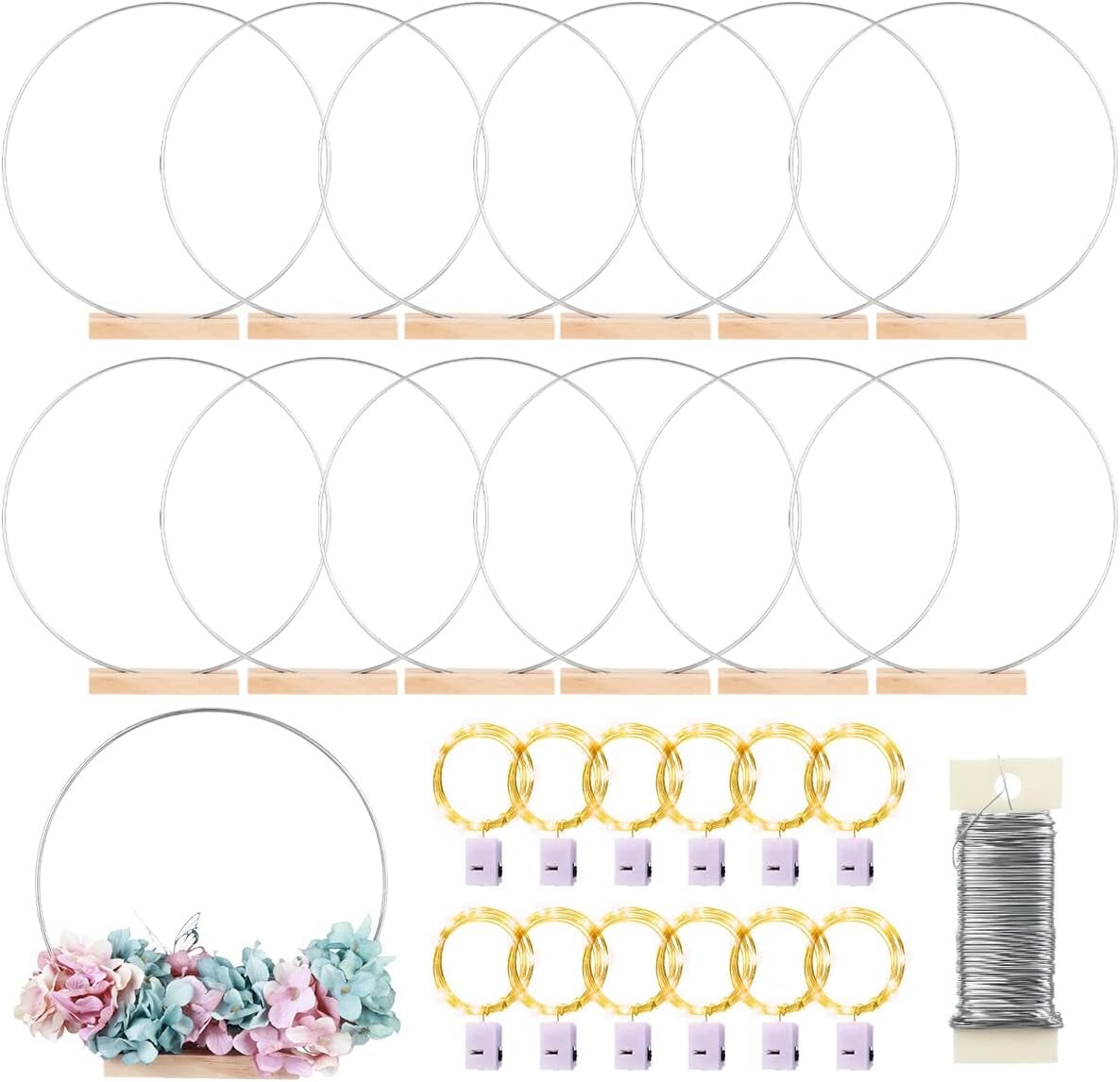 12 Pack Floral Hoop with Stand and LED Fairy Lights 14 Inch Metal Rings ...