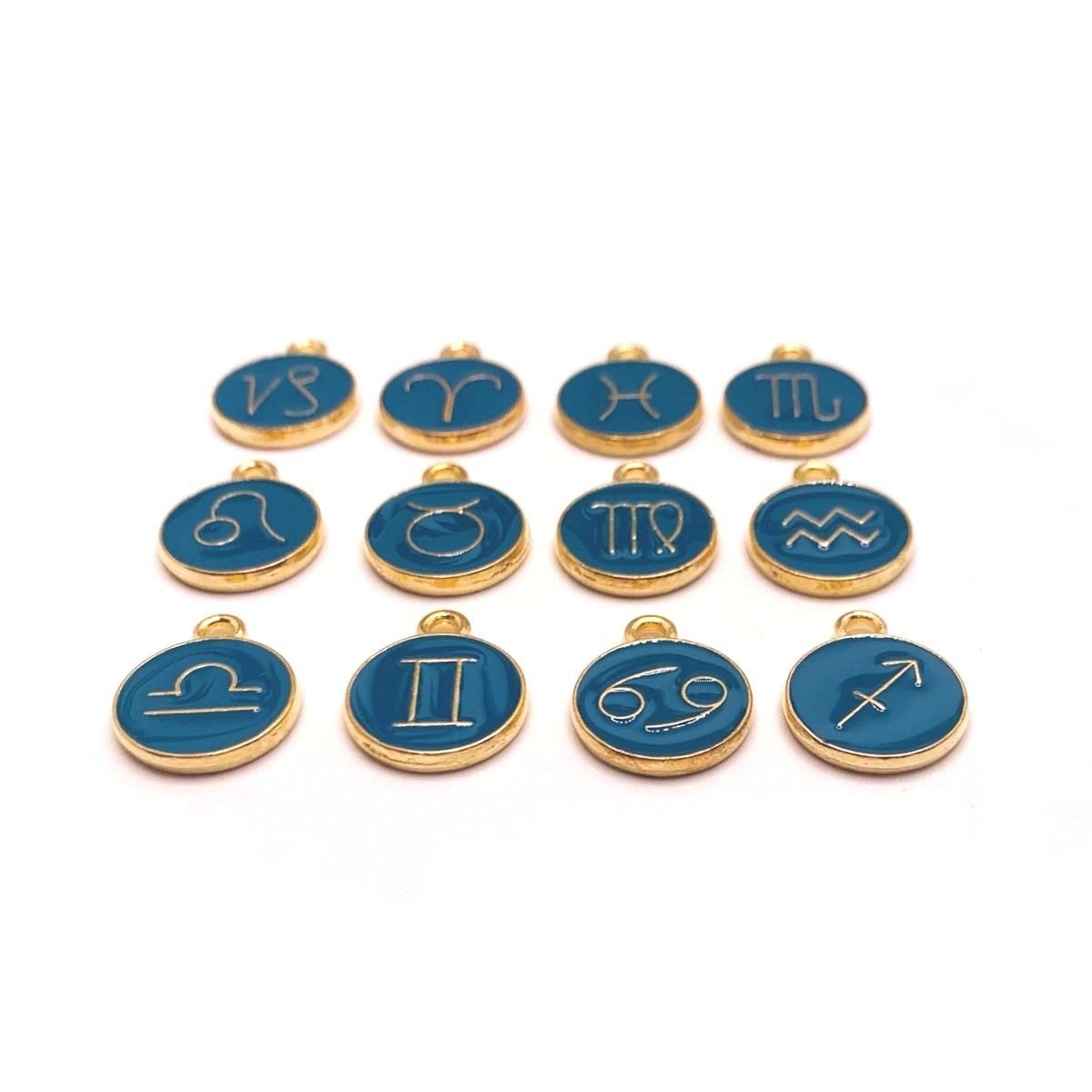 12 or 60 Pieces: Aqua Blue Enamel and Gold Zodiac/Astrology Charms ...