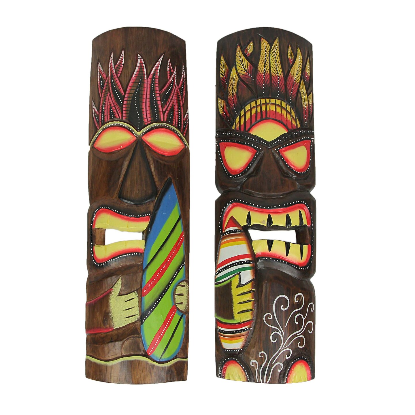 Elemental Fire and Wind Carved Wooden Surfer Tiki Wall Masks 20 Inch ...