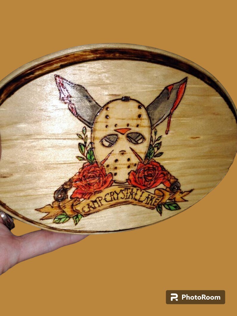 Horror movie pyrography, Handmade, hand painted, horror art, Jason ...