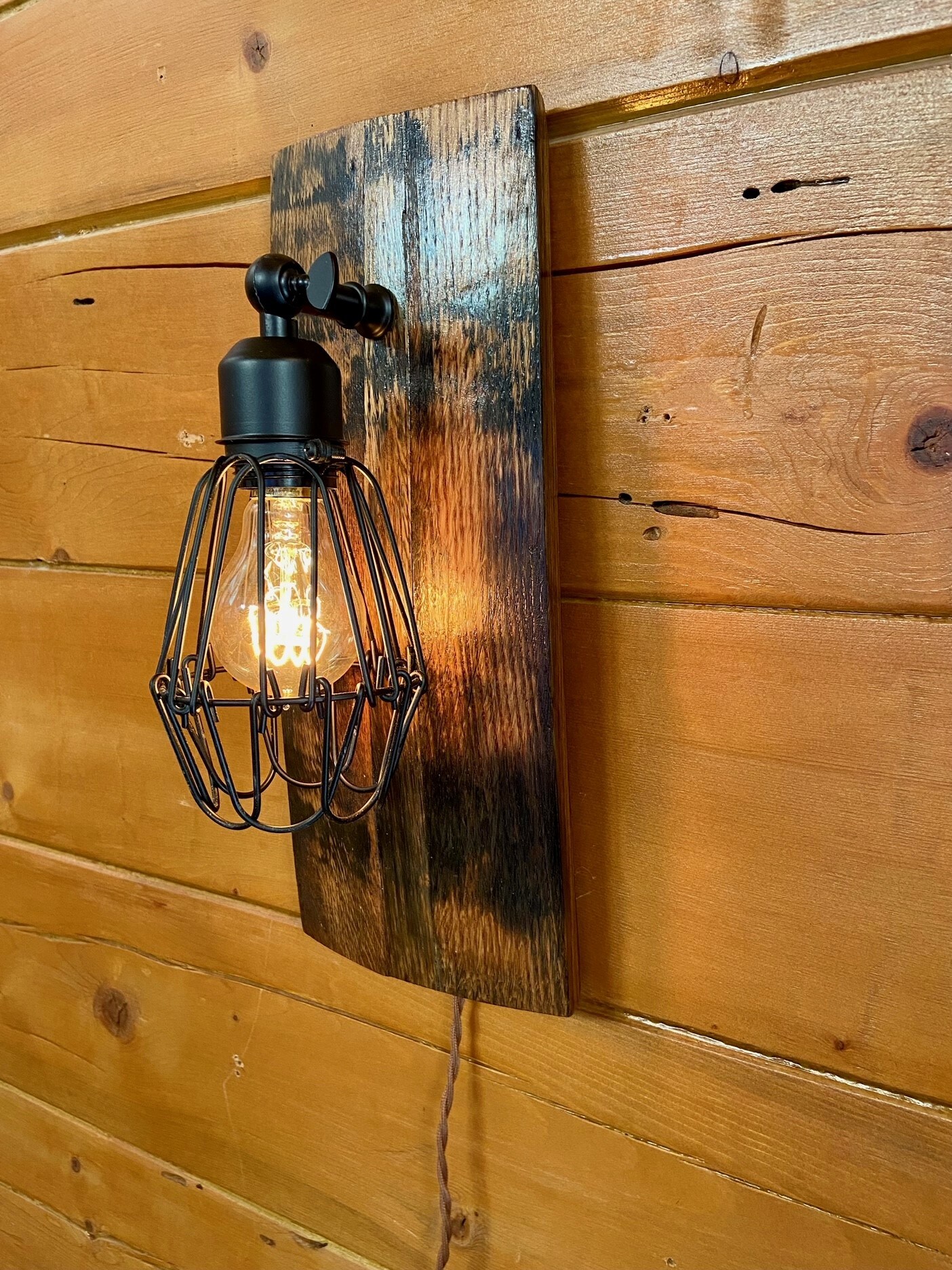 Whiskey barrel sconce light fixture made from genuine whiskey barrel ...
