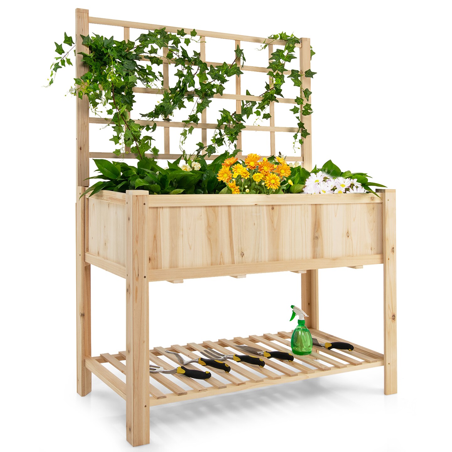 Costway Raised Garden Bed Elevated Wooden Planter Box with Trellis ...