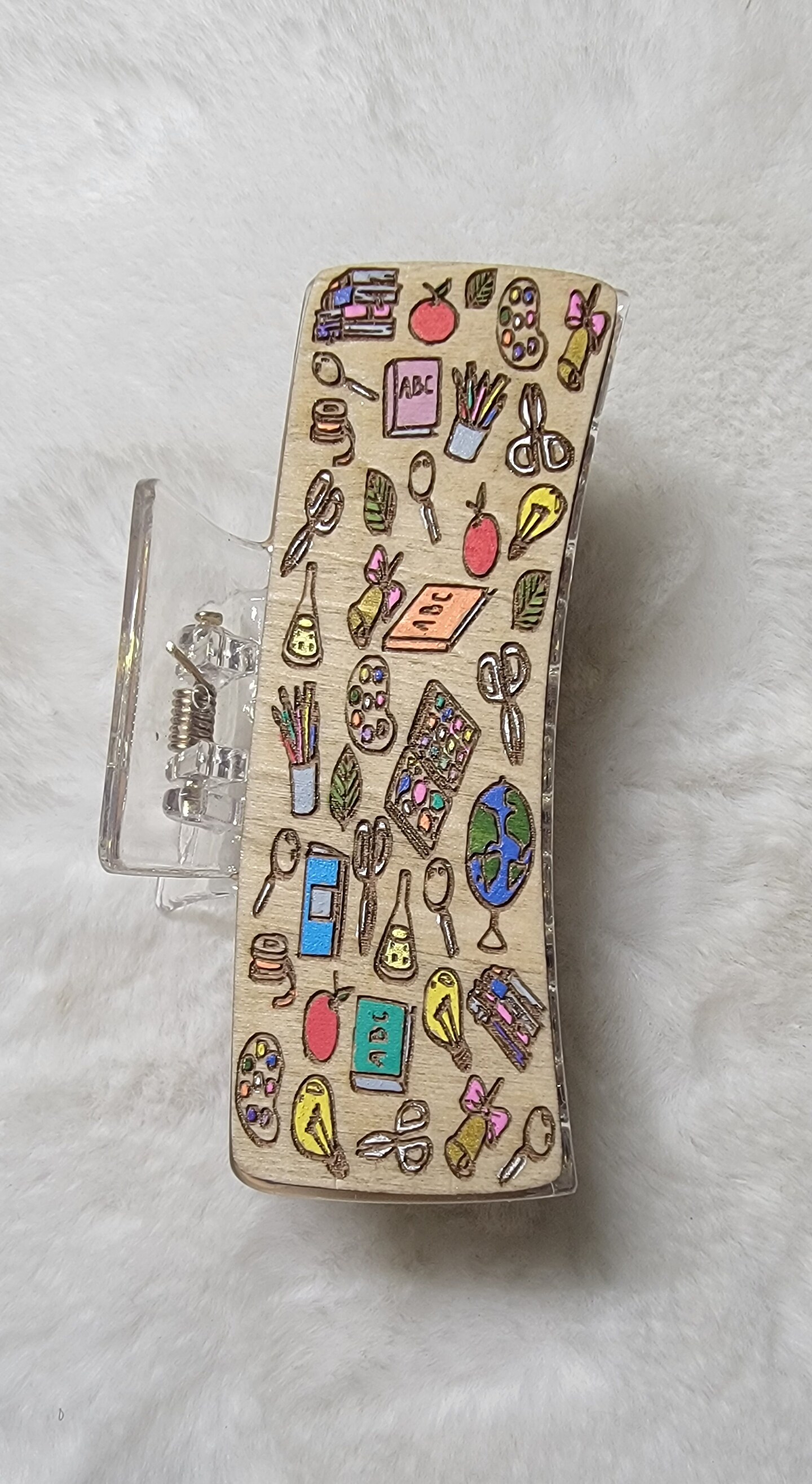 Teacher School Handpainted Wood Hair Clip, Laser Engraved, Etched, Hand ...