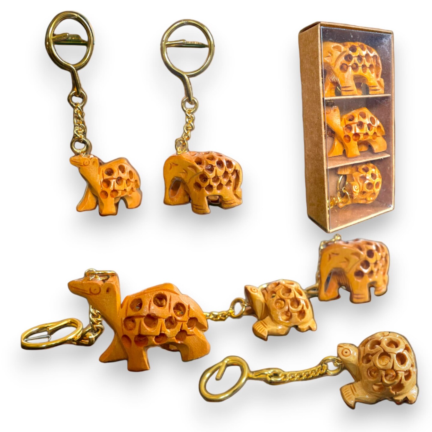 Handmade Wooden Keychain Pack of 3 Elephant Camel Turtle Amulet Keyring ...
