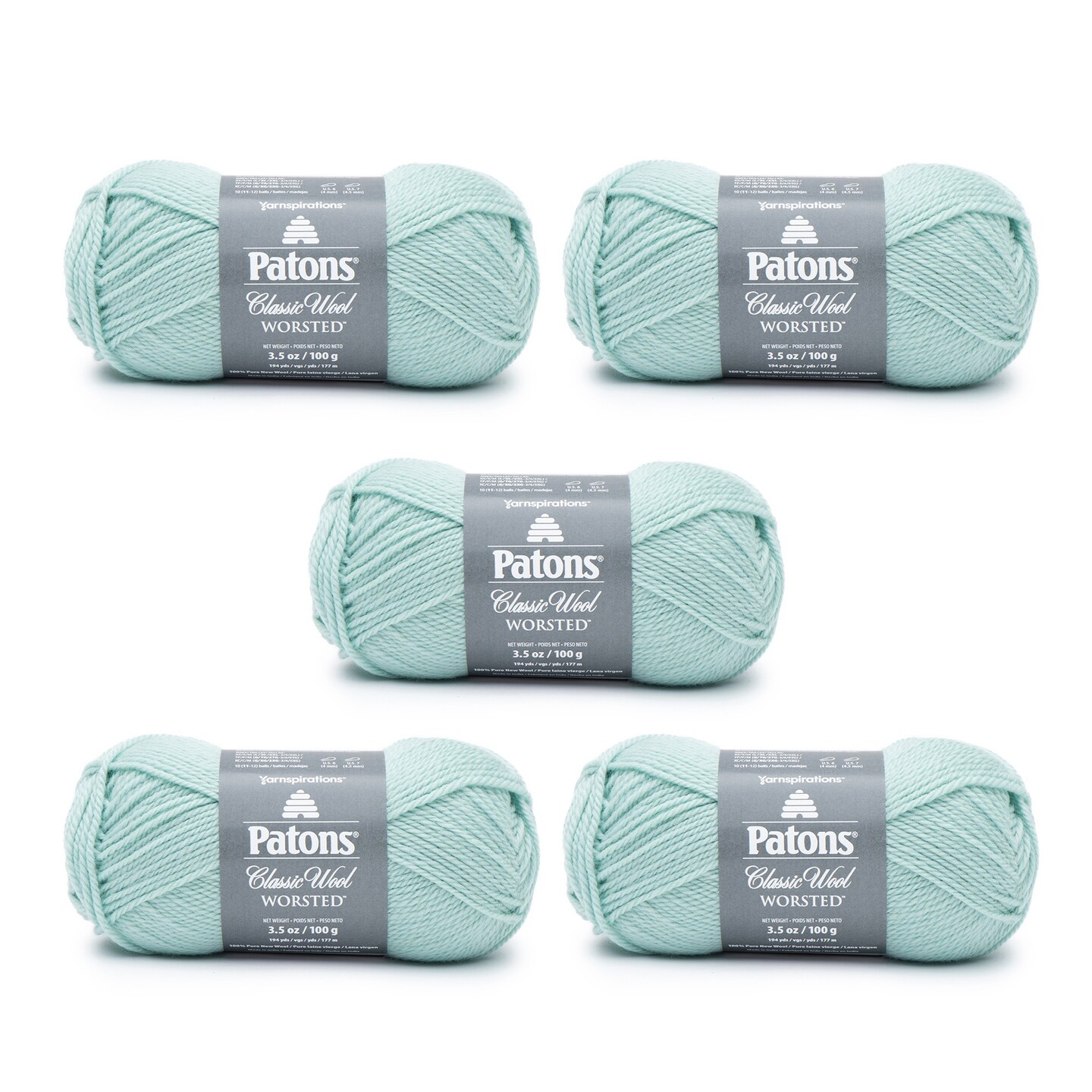 Patons Classic Wool Misty Green Yarn - 5 Pack of 3.5oz/100g - Wool - 4 ...