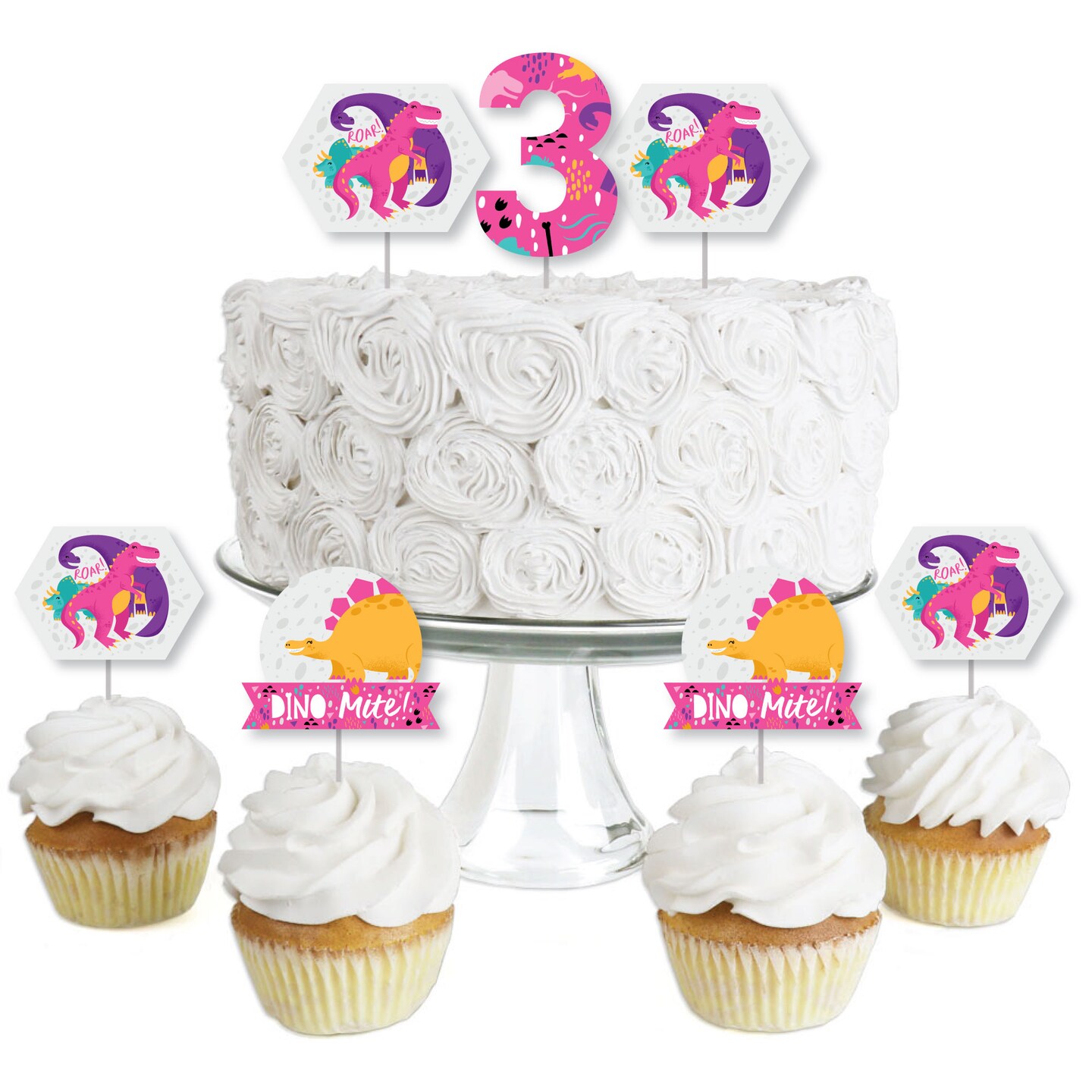 Big Dot of Happiness 3rd Birthday Roar Dinosaur Girl - Dessert Cupcake ...