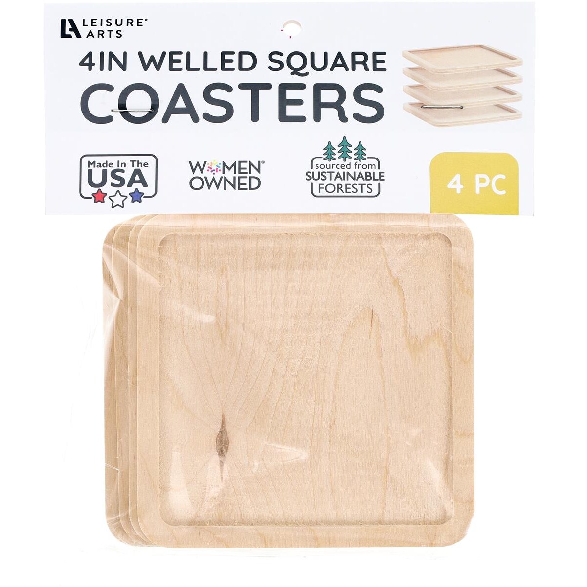 Welled Wood Coaster Square with Square 4", 4 piece, for wooden coasters ...