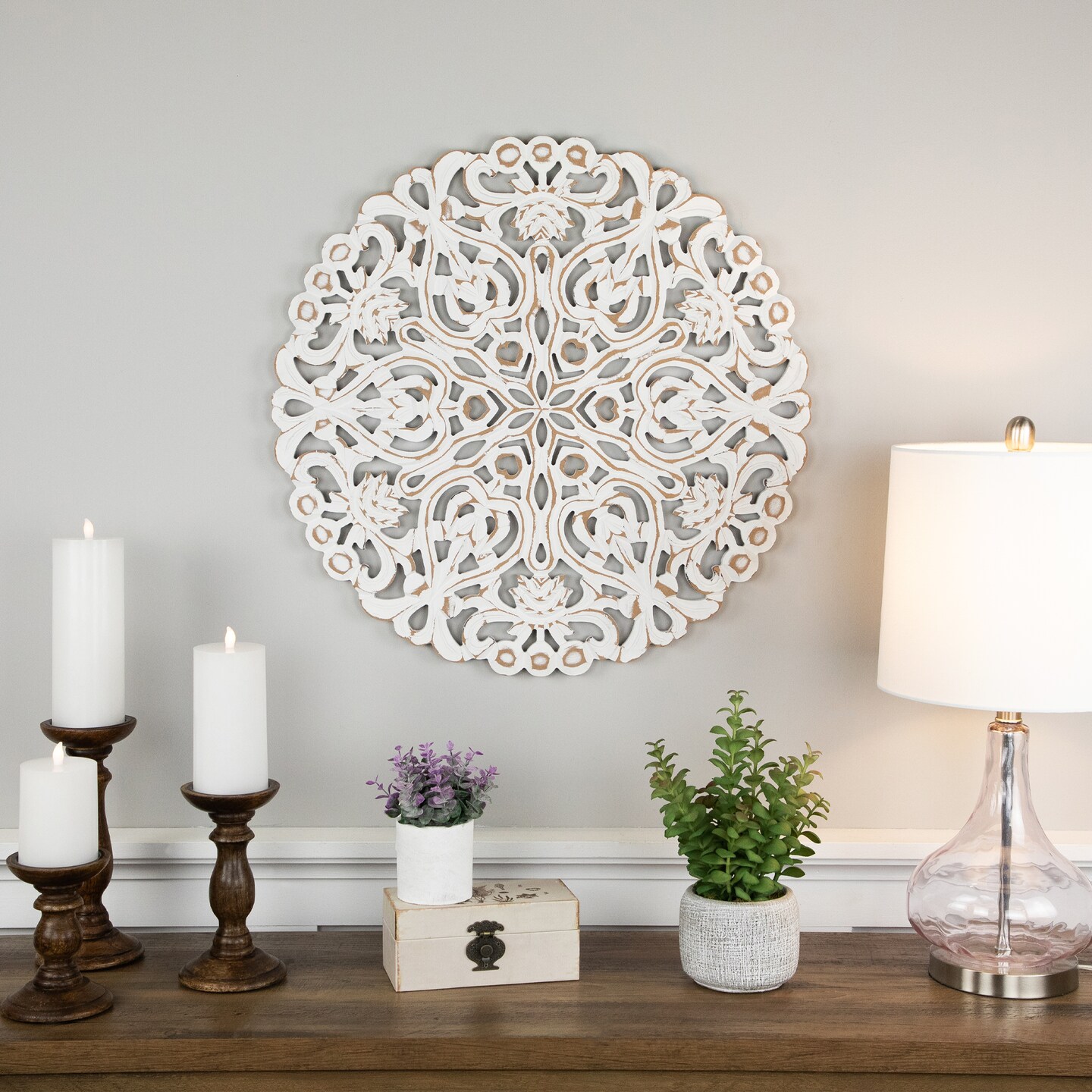 Northlight 24" Brushed Antique White Damask Round Wall Panel | Michaels