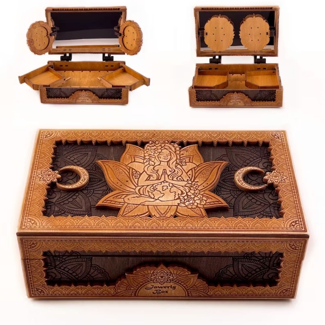 Urbalabs Wooden Gaia Yoga Zen Engraved Jewelry Box Princess Treasure ...