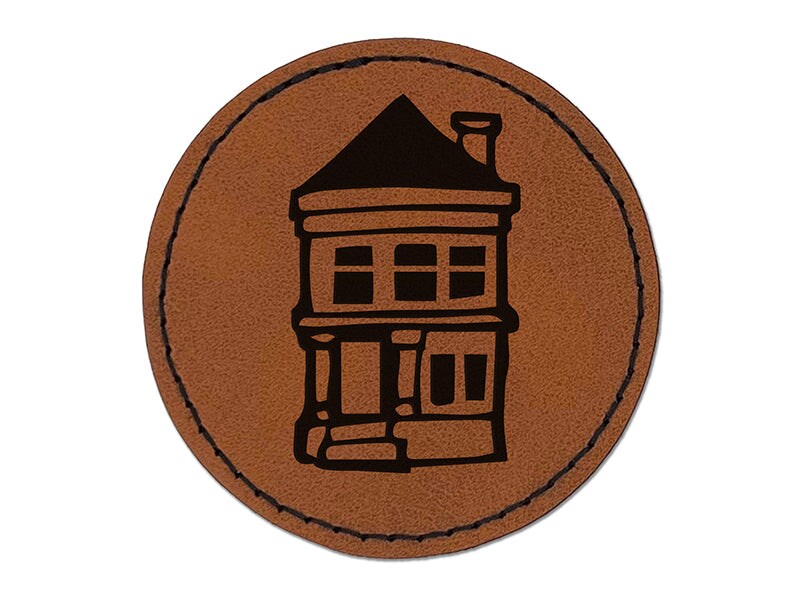 Small Cute Two Story House Home Round Iron-On Engraved Faux Leather ...