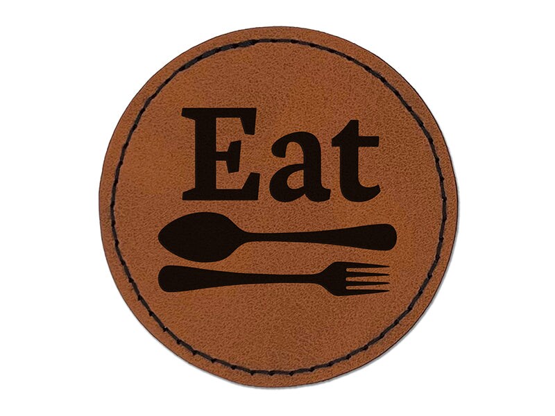 Eat Spoon and Fork Kitchen Round Iron-On Engraved Faux Leather Patch ...