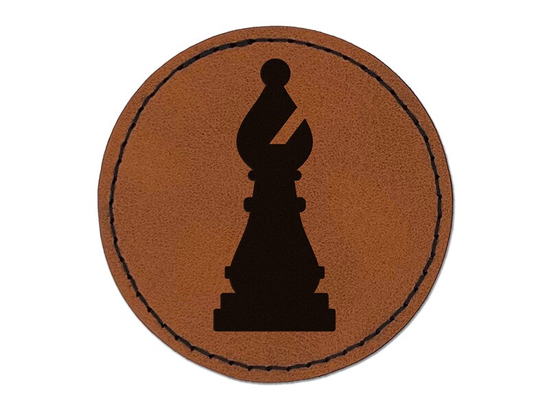 Chess Bishop Piece Round Iron-On Engraved Faux Leather Patch Applique ...