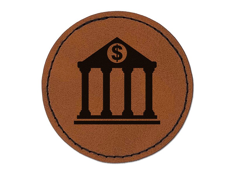 Bank Finance Money Icon Round Iron-On Engraved Faux Leather Patch ...
