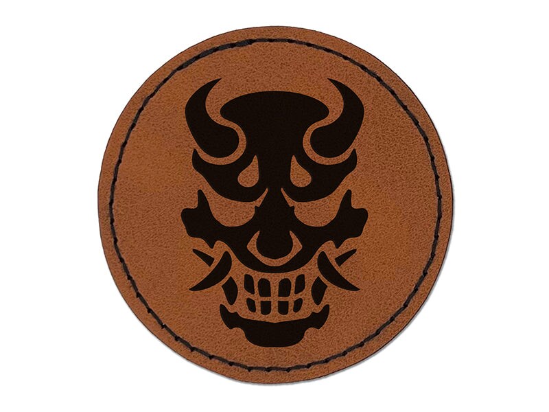 Oni Japanese Demon Mask Round Iron-On Engraved Faux Leather Patch ...