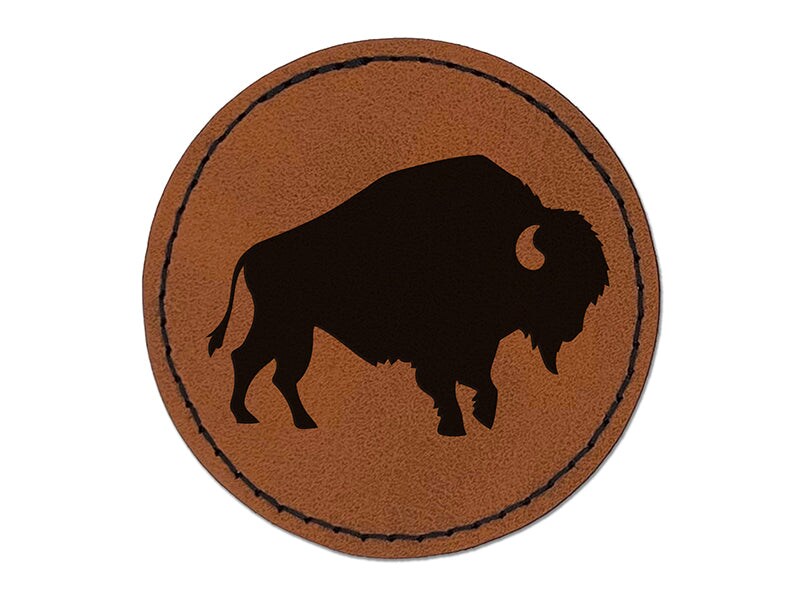 American Bison Buffalo Silhouette Round Iron-On Engraved Faux Leather ...