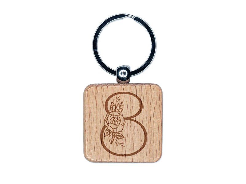 Rose Typewriter Font Number 8 Eight Engraved Wood Square Keychain Tag ...