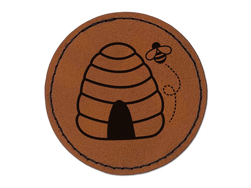 Bee Hive with Bee Round Iron-On Engraved Faux Leather Patch Applique ...