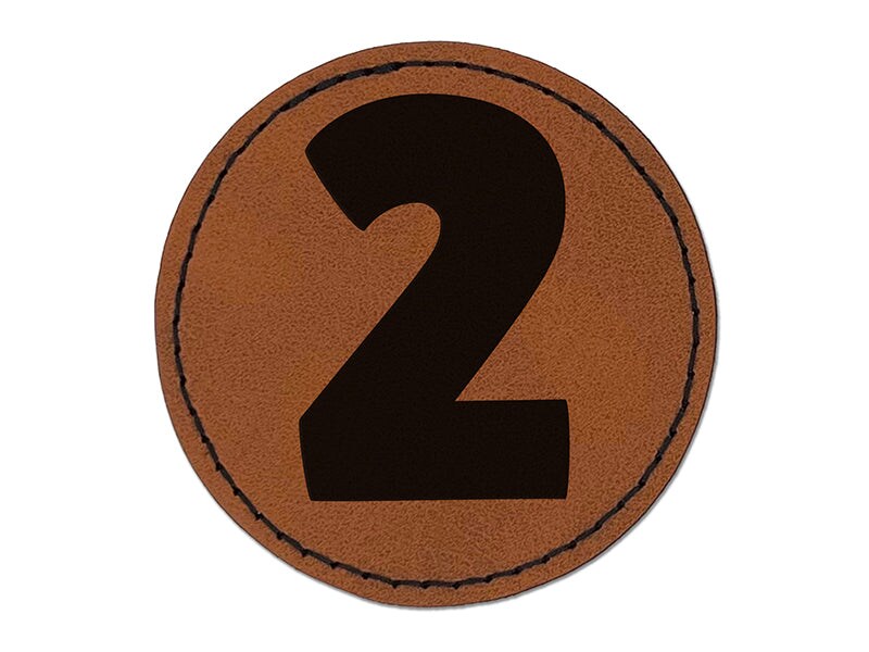 Number 2 Two Fun Bold Font Round Iron-On Engraved Faux Leather Patch ...