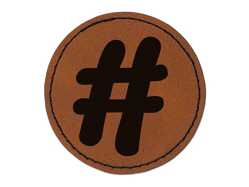 Hashtag Number Sign Round Iron-On Engraved Faux Leather Patch Applique ...