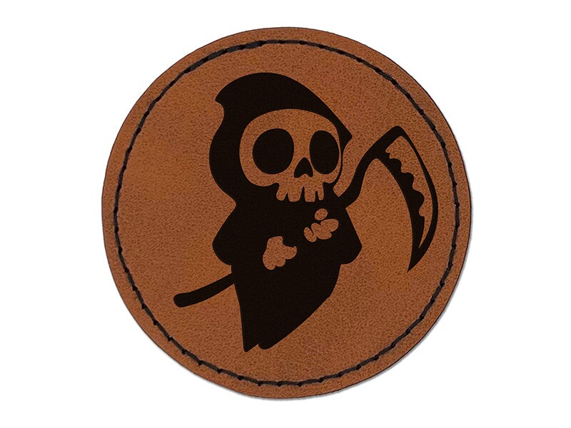 Cute Grim Reaper Death Halloween Round Iron-On Engraved Faux Leather ...