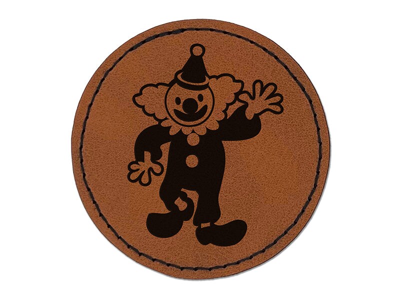 Waving Clown Circus Carnival Round Iron-On Engraved Faux Leather Patch ...