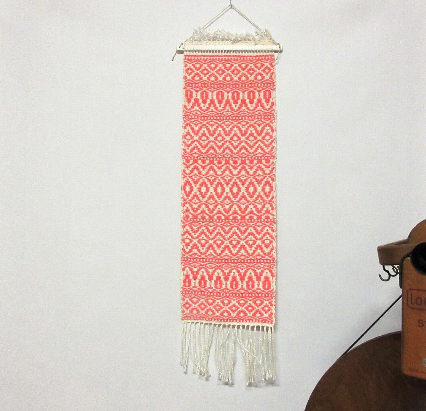 Handwoven pink wall hanging for a small space woven in a Rosepath twill ...