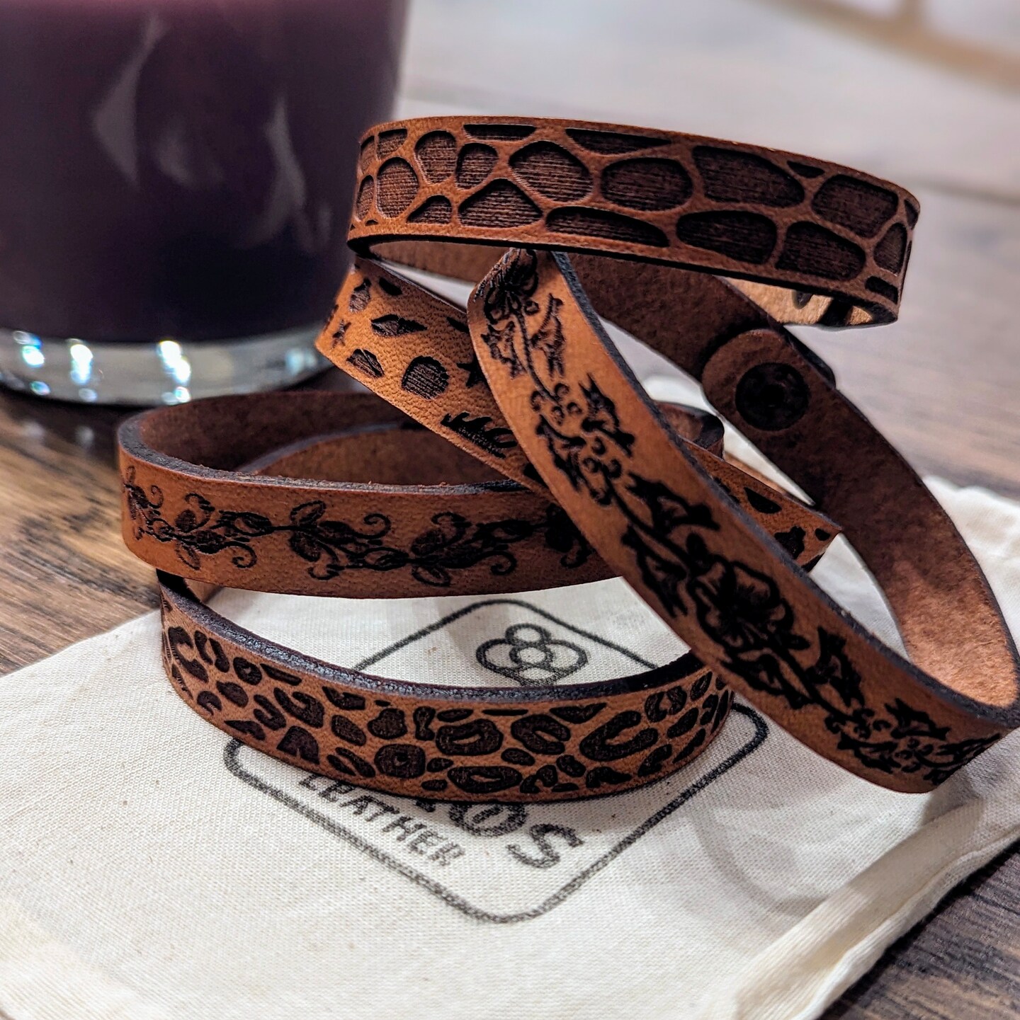 Slim leather cuff bracelet engraved floral or animal print pattern small snap custom length casual boho accessory personalizable gift MakerPlace by Michaels